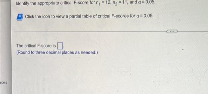 Solved Identify the appropriate critical F-score for ny = | Chegg.com
