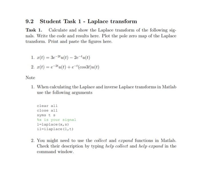 Solved 9.2 Student Task 1 - Laplace transform Task 1. | Chegg.com