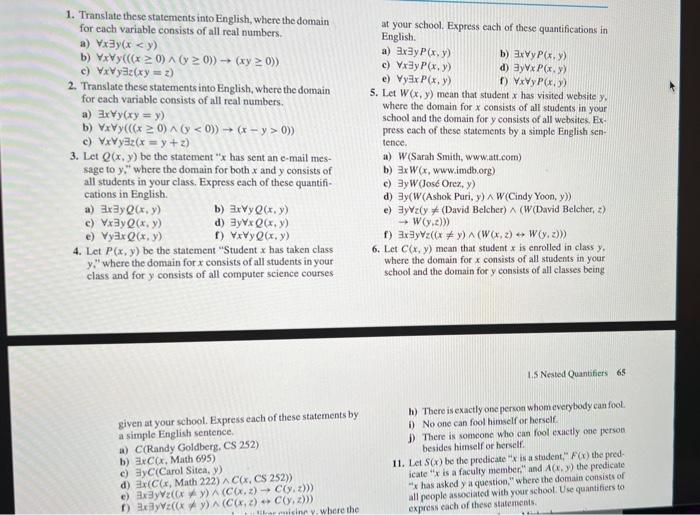 Solved 1. Translate these statements into English, where the | Chegg.com
