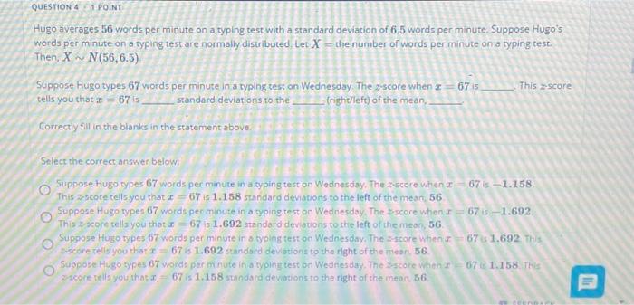 Solved QUESTION 4 1 POINT Hugo averages 56 words per minute | Chegg.com