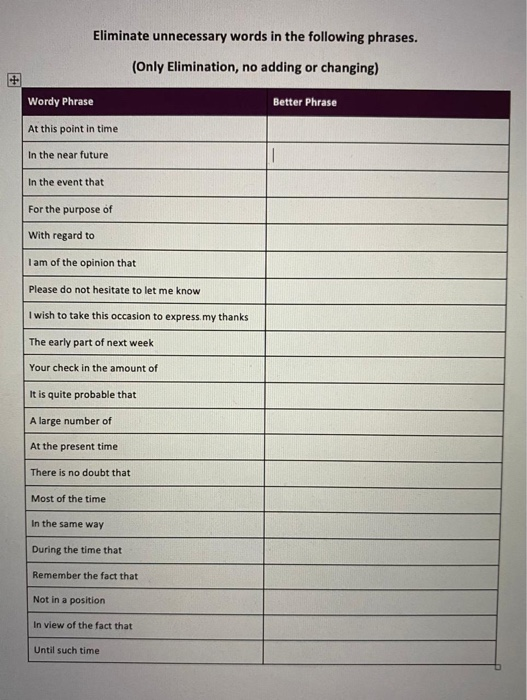 Solved Eliminate unnecessary words in the following phrases. | Chegg.com