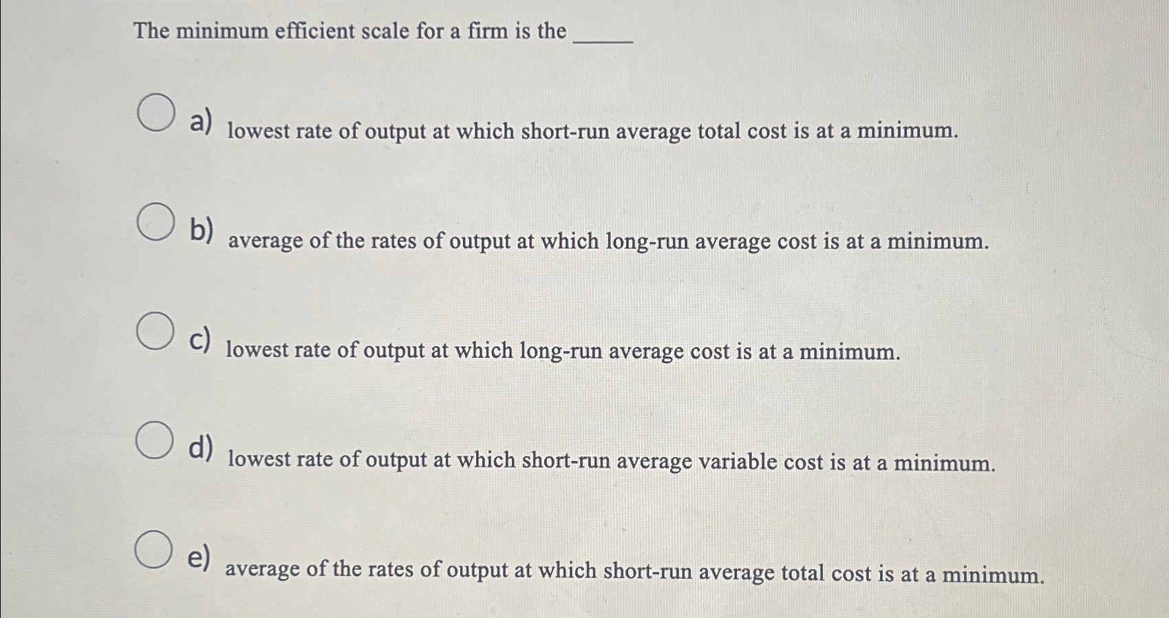 Solved The minimum efficient scale for a firm is thea) | Chegg.com