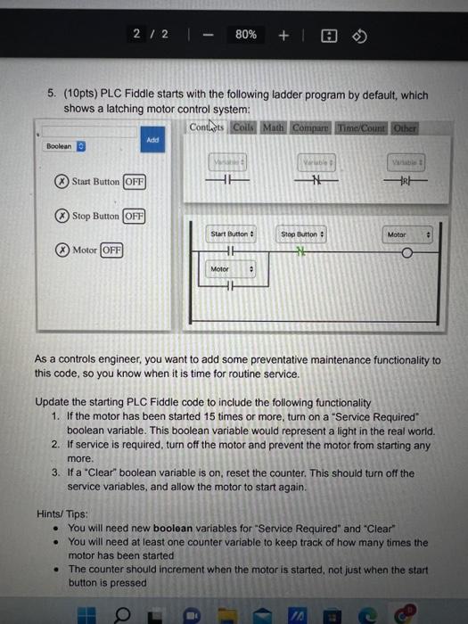Solved 2/2 T 80% + 5. (10pts) PLC Fiddle starts with the | Chegg.com