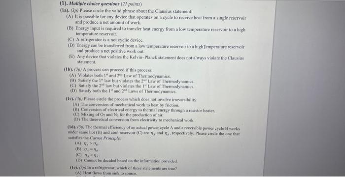 Solved (1). Multiple choice questions ( 21 points) (Ia). | Chegg.com