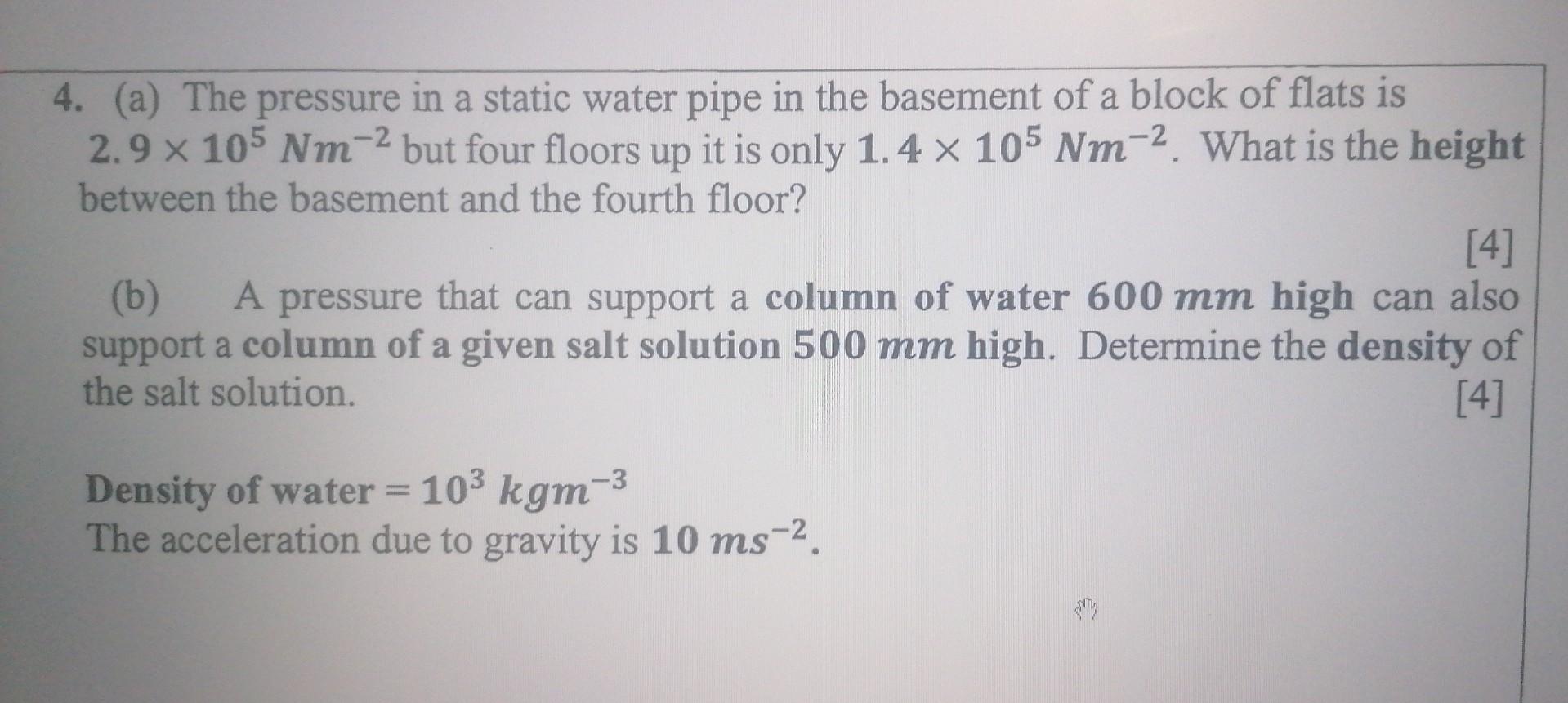 Solved 4. (a) The pressure in a static water pipe in the | Chegg.com
