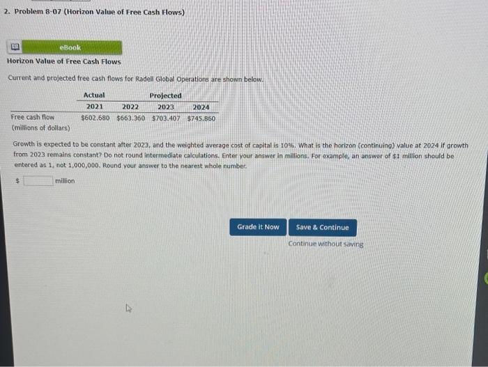 Solved 2. Problem 8-07 (Horizon Value of Free Cash Flows) | Chegg.com
