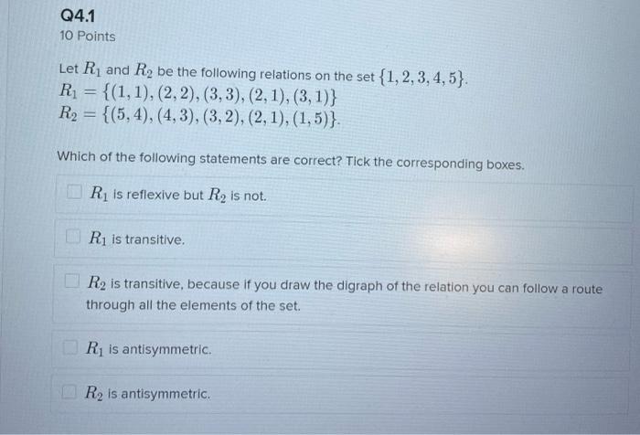 Solved Let R1 and R2 be the following relations on the set | Chegg.com