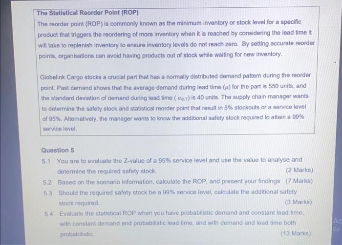 Solved The Statistical Reorder Point (ROP) The reorder point | Chegg.com