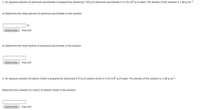 Solved 1. An aqueous solution of aluminum perchlorate is | Chegg.com