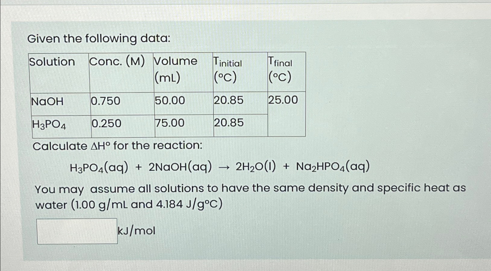 Solved Given the following data:\table[[Solution,Conc. | Chegg.com