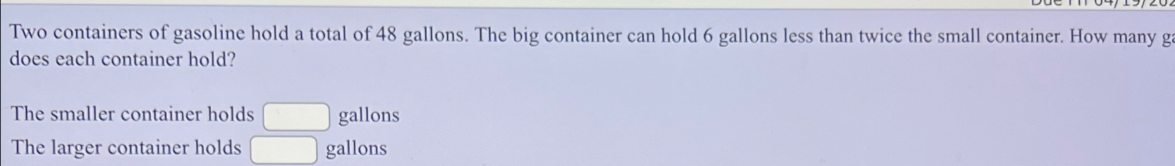Solved Two containers of gasoline hold a total of 48 | Chegg.com