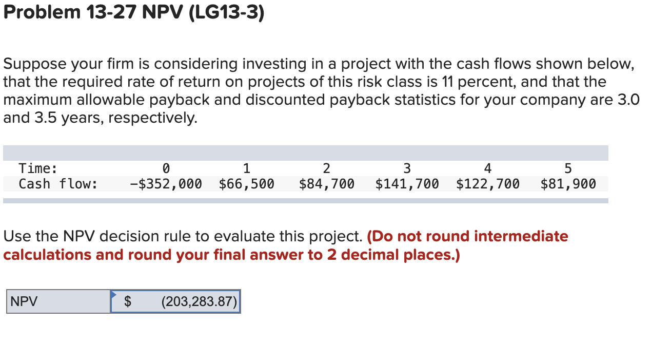 Solved Problem 13-27 ﻿NPV (LG13-3)Suppose your firm is | Chegg.com