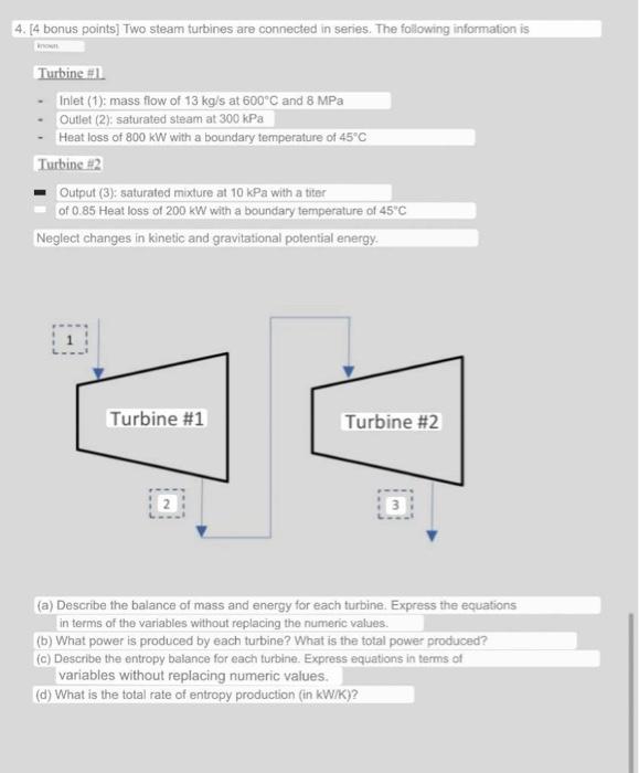 Solved 4. [4 points bonus] Deux turbines à vapeur sont | Chegg.com