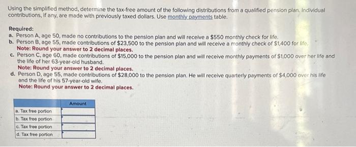 Solved Using the simplified method, determine the tax-free | Chegg.com