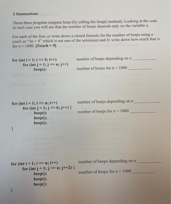 Solved 2 Summations These three program snippets beep (by | Chegg.com