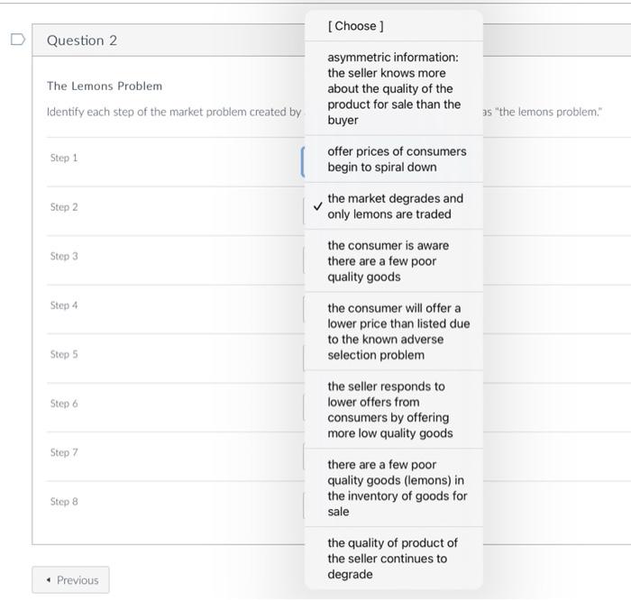 Solved The Lemons Problem Identify each step of the market | Chegg.com