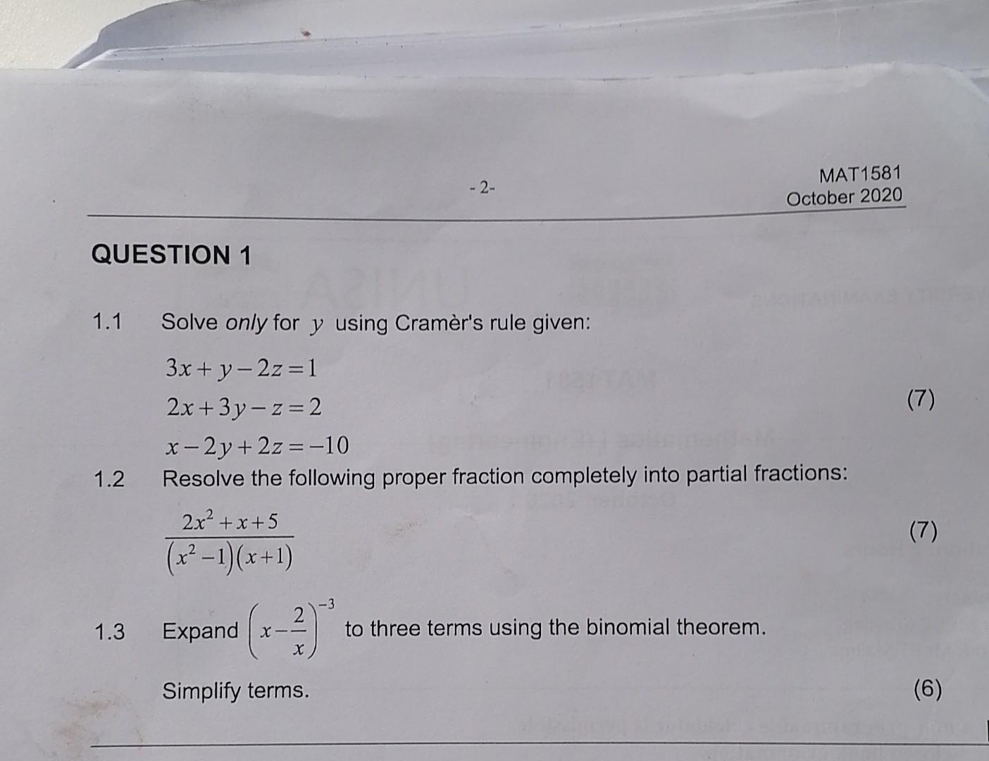 Solved 1.1 Solve only for y using Cramèr's rule given: | Chegg.com