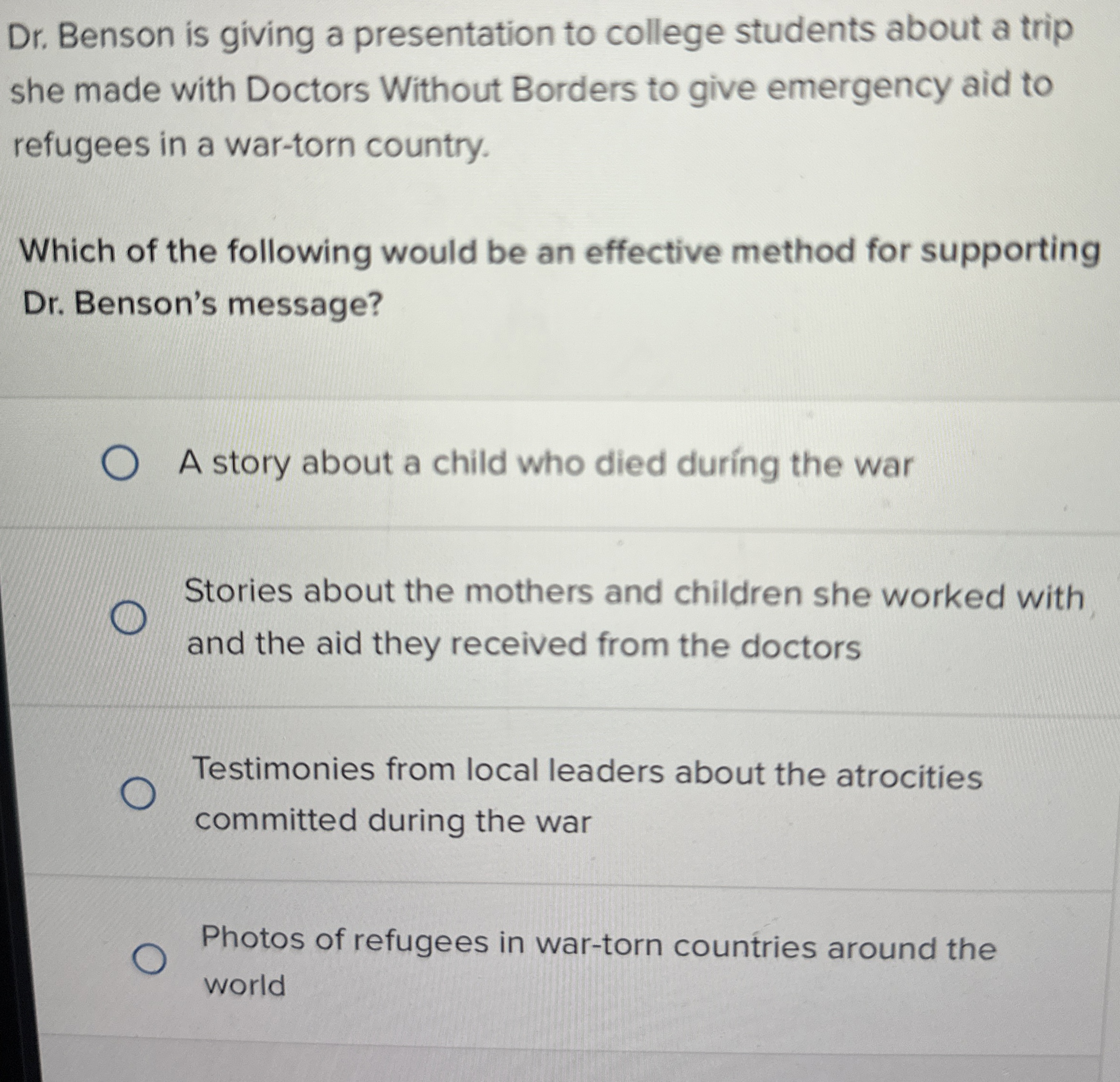 Solved Dr. ﻿Benson is giving a presentation to college | Chegg.com