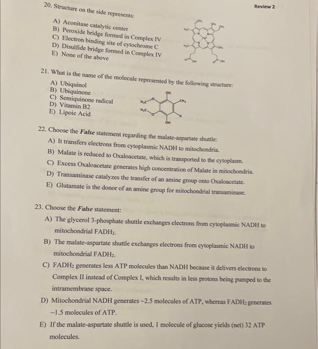 20. Structure on the side represents: Review 2 A) | Chegg.com