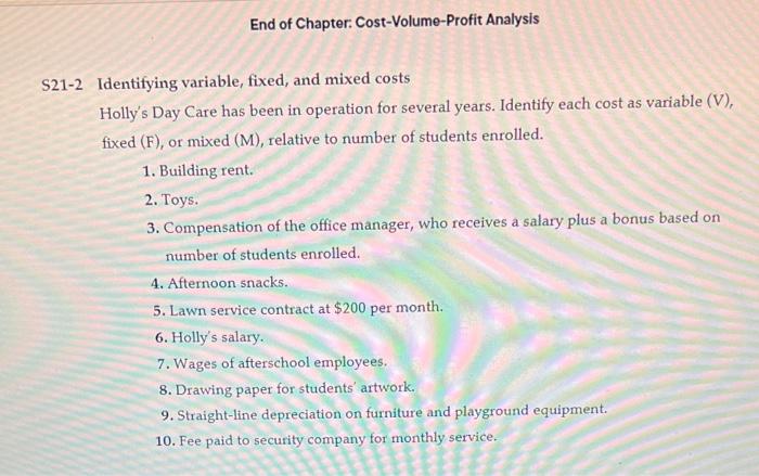 Solved 21-2 Identifying variable, fixed, and mixed costs | Chegg.com