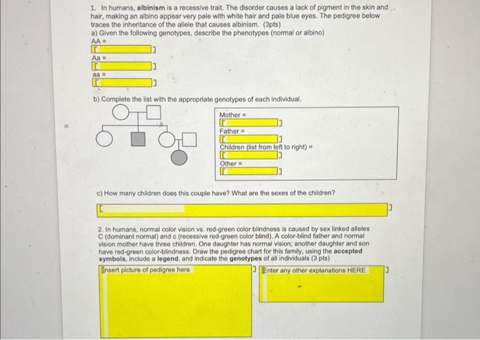 Solved 1. In humans, albinism is a recessive trait. The | Chegg.com