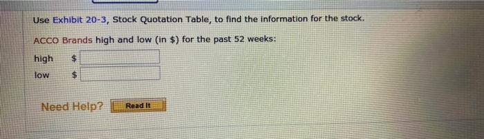 Use Exhibit 20-3, Stock Quotation Table, to find the | Chegg.com