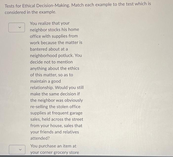 Solved Tests for Ethical Decision-Making. Match each example | Chegg.com