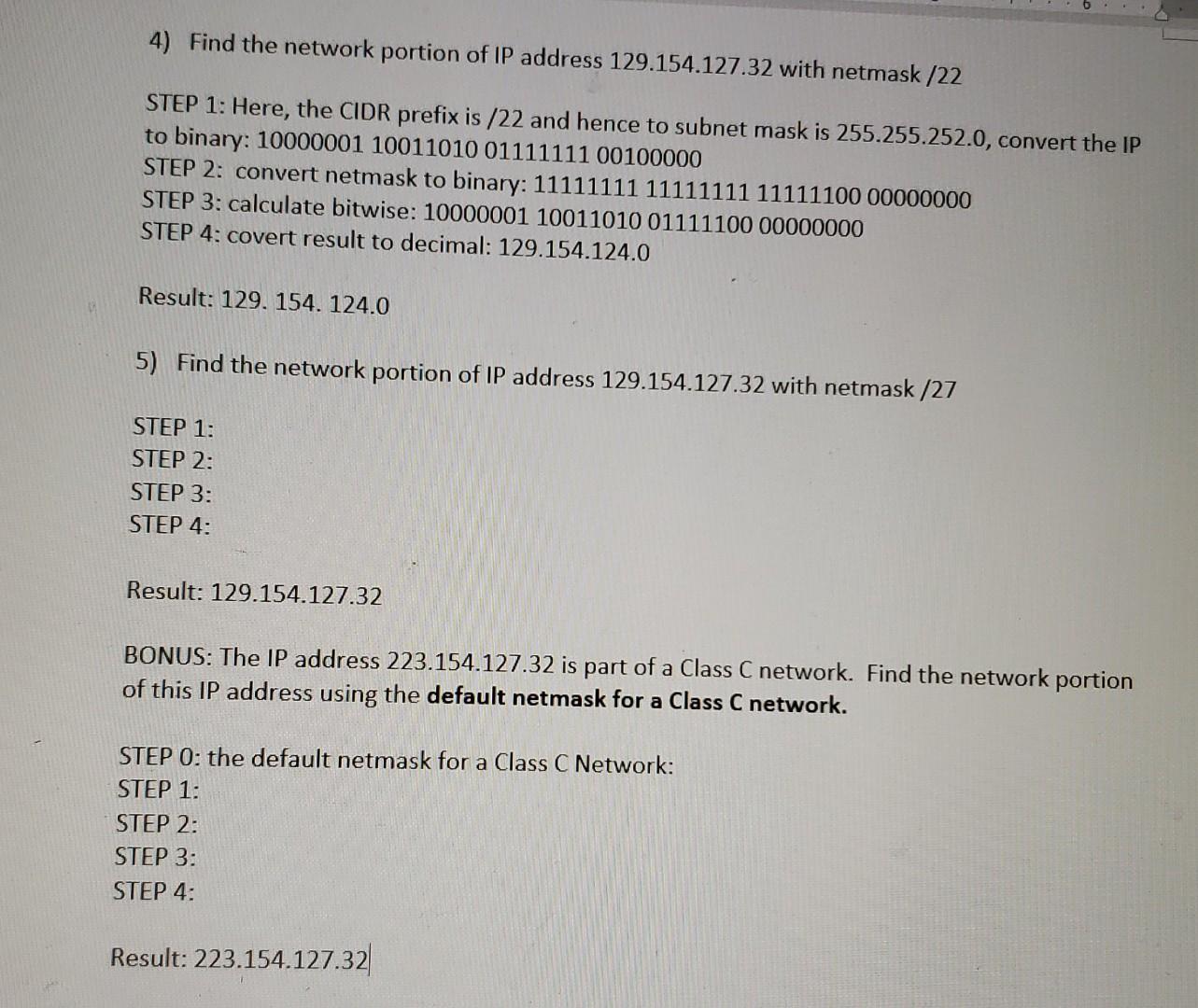 Solved 4) Find the network portion of IP address | Chegg.com