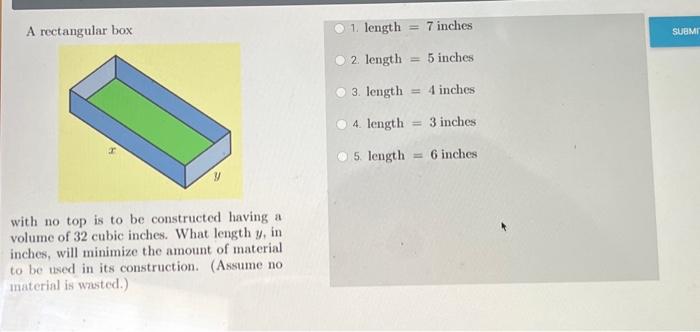 Solved A rectangular box 1. length =7 inches 2. length =5 | Chegg.com