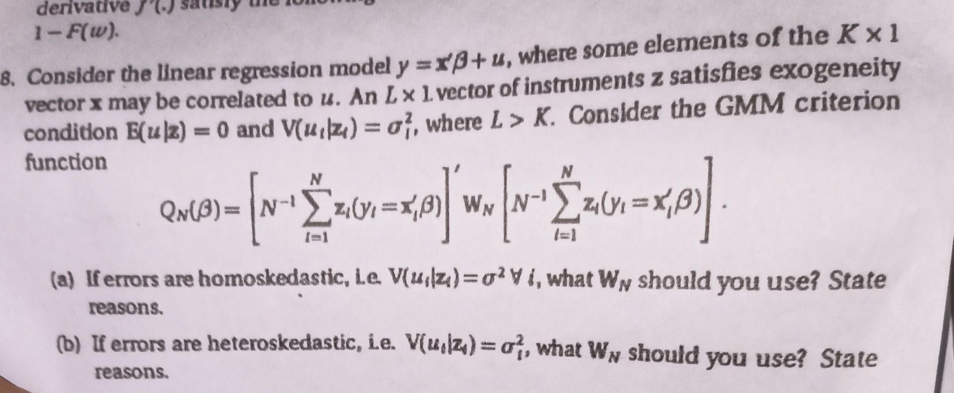 Solved 8. Consider the linear regression model y=xβ+u, where | Chegg.com