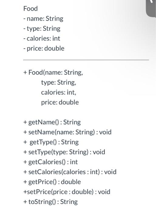 Solved Food - name: String - type: String - calories: int - | Chegg.com