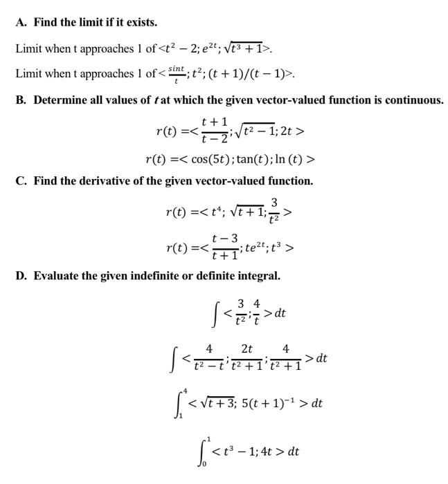 Solved A. Find the limit if it exists. Limit when t | Chegg.com