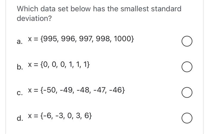 Solved Which data set below has the smallest standard | Chegg.com