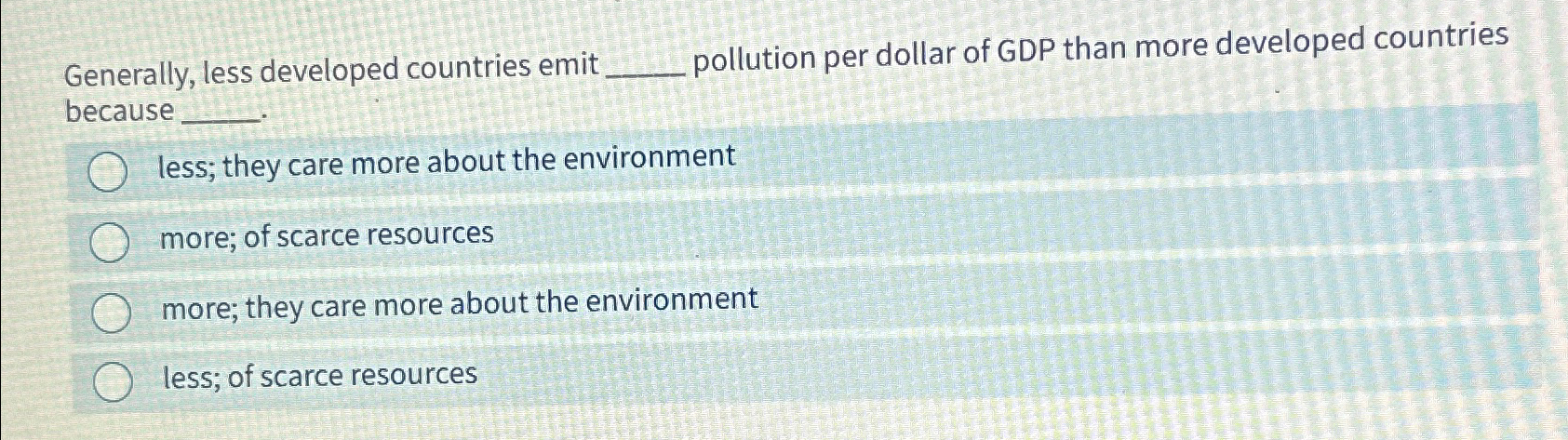 Solved Generally, less developed countries emit pollution | Chegg.com