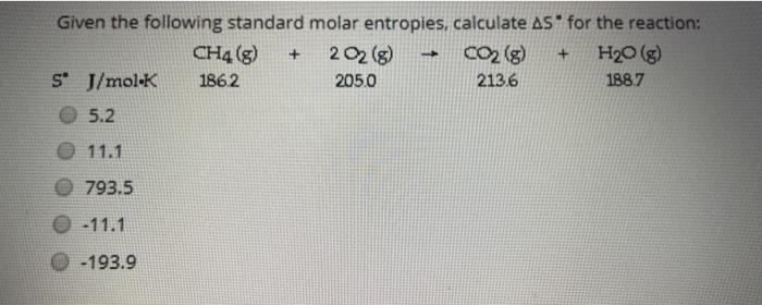 Solved Given the following standard molar entropies, | Chegg.com