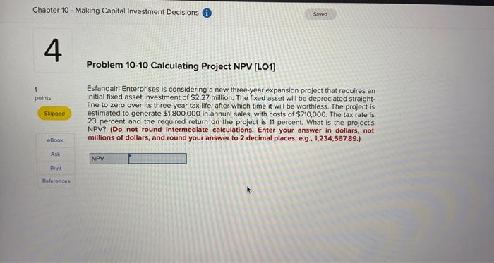 Solved Problem 10-10 Calculating Project NPV [LO1] | Chegg.com