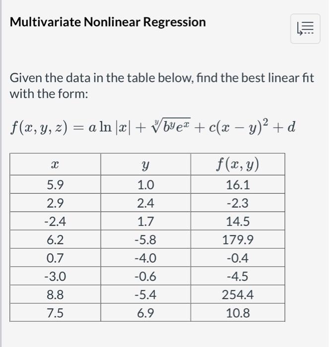 Solved Multivariate Nonlinear Regression Given The Data In 8303