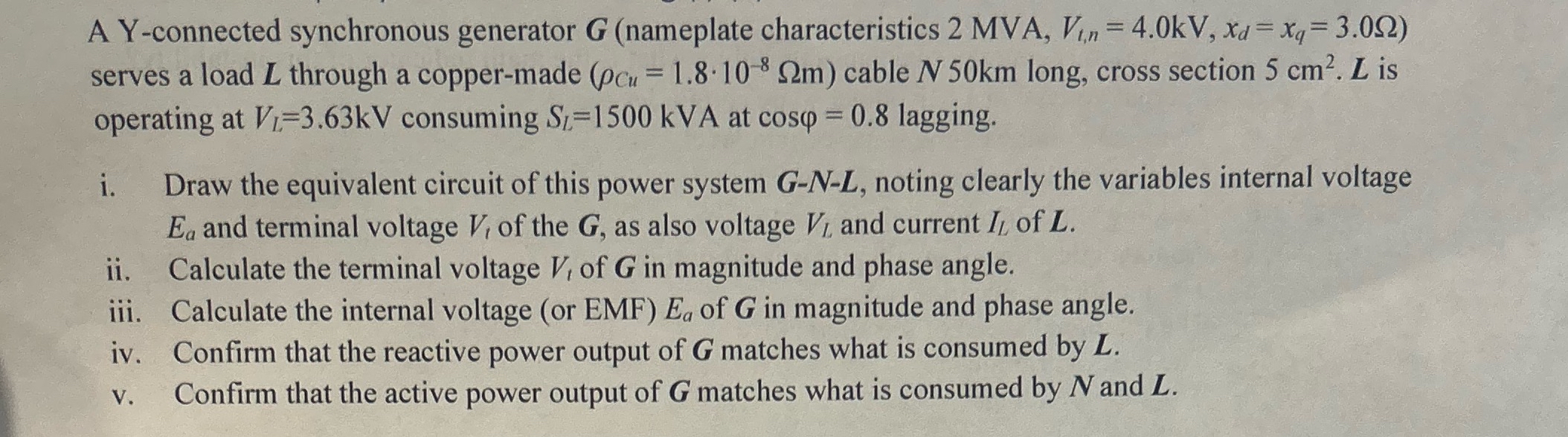 Solved A Y-connected synchronous generator G (nameplate | Chegg.com