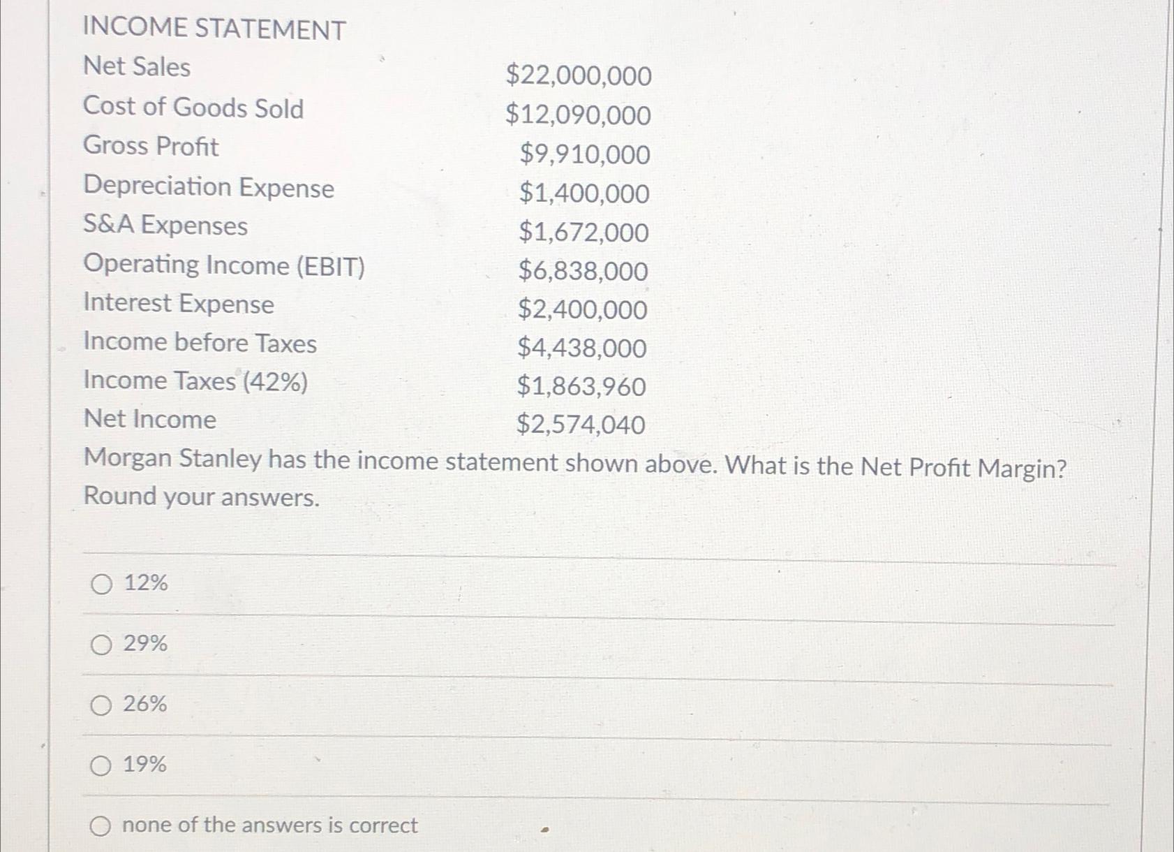 Solved INCOME STATEMENT\table[[Net Sales,$22,000,000 | Chegg.com