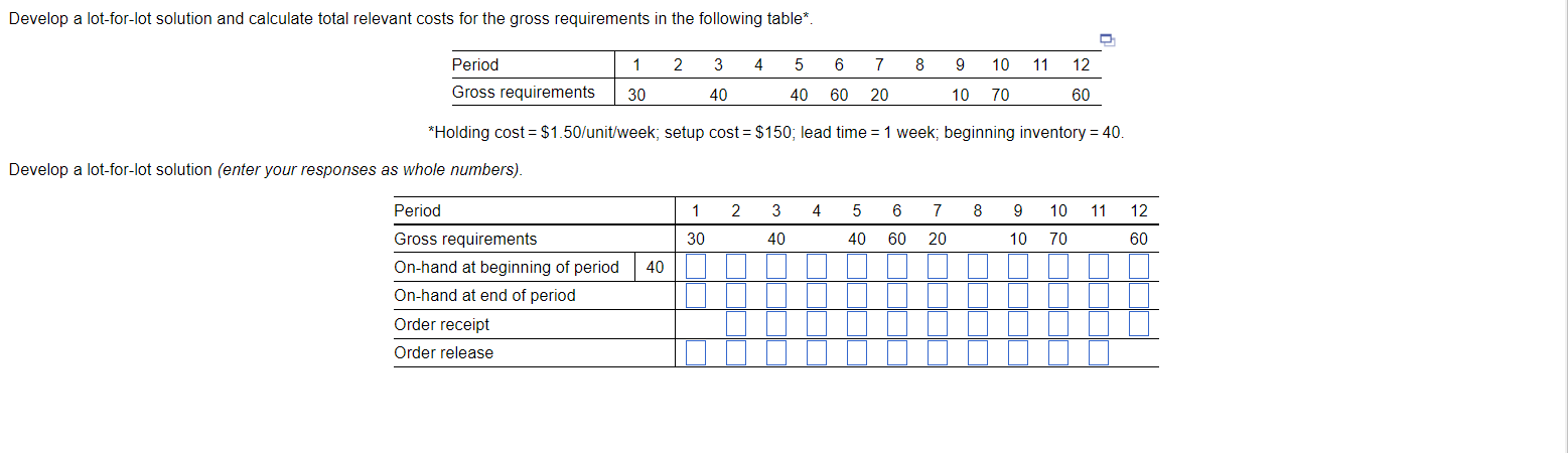 Solved Develop a lot-for-lot solution and calculate total | Chegg.com