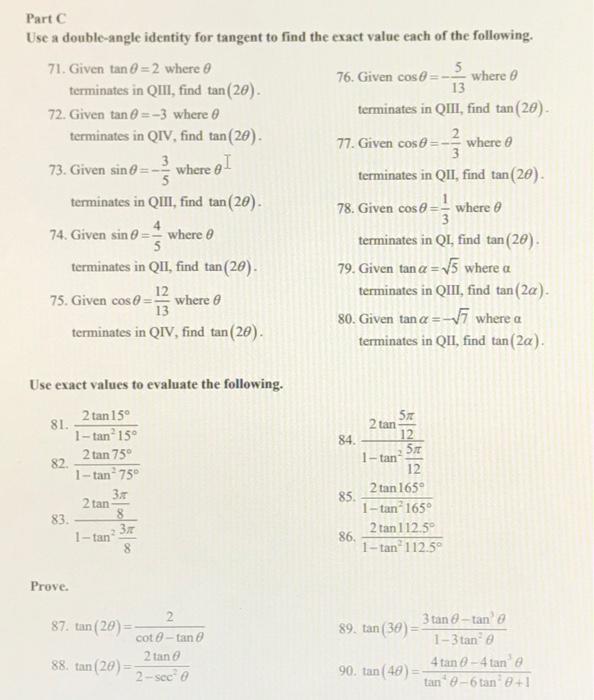 Solved Part C Use a double-angle identity for tangent to | Chegg.com