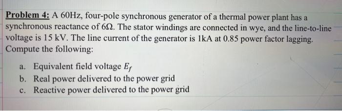 Solved Problem 4: A60 Hz, four-pole synchronous generator of | Chegg.com