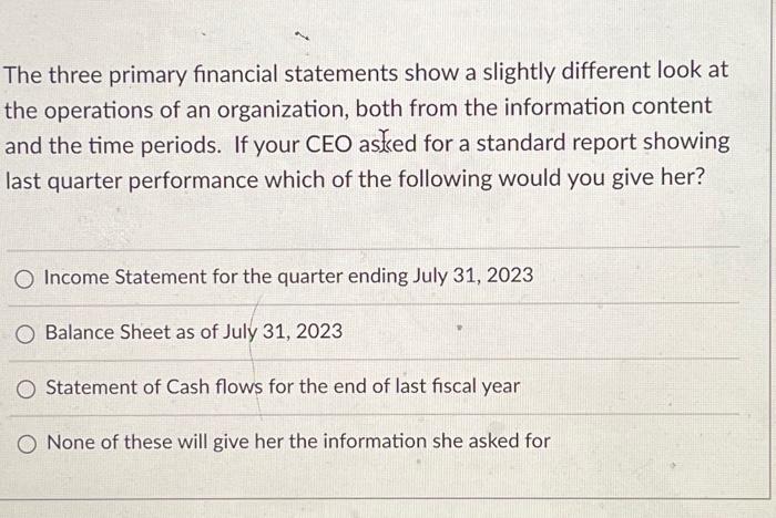 Solved The three primary financial statements show a | Chegg.com Solved The three primary financial statements show a | Chegg.com