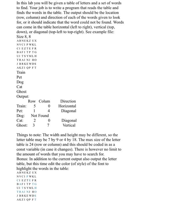 In this lab you will be given a table of letters and | Chegg.com