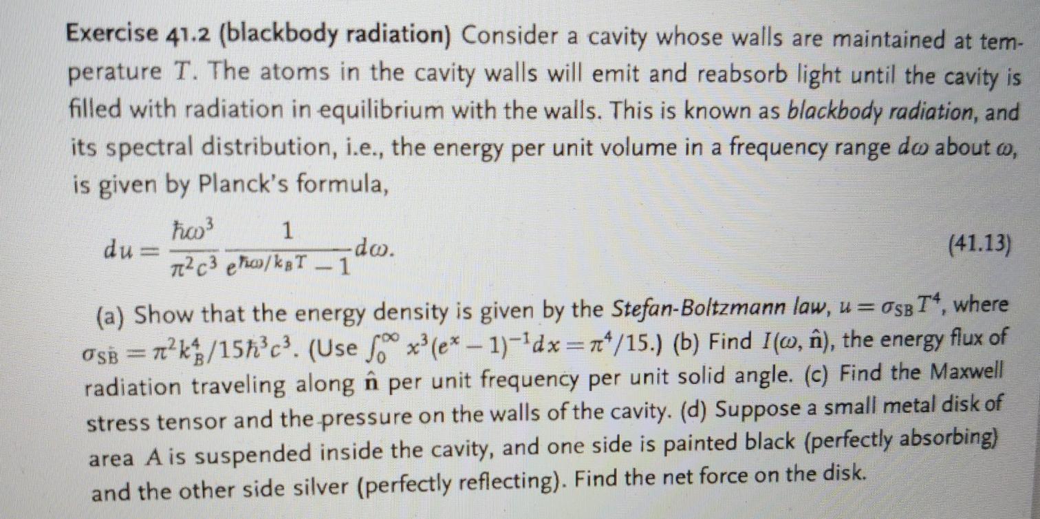 Solved Exercise 41.2 (blackbody radiation) Consider a cavity | Chegg.com