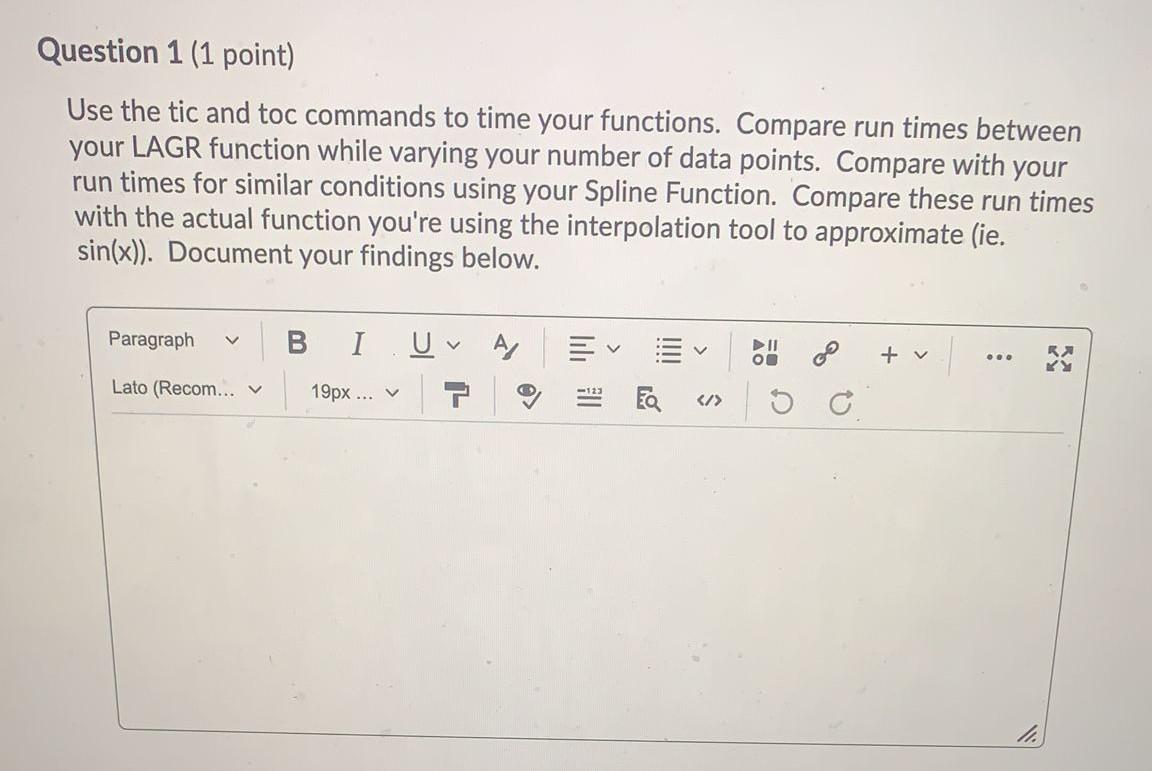 Solved Question 1 (1 point) Use the tic and toc commands to | Chegg.com