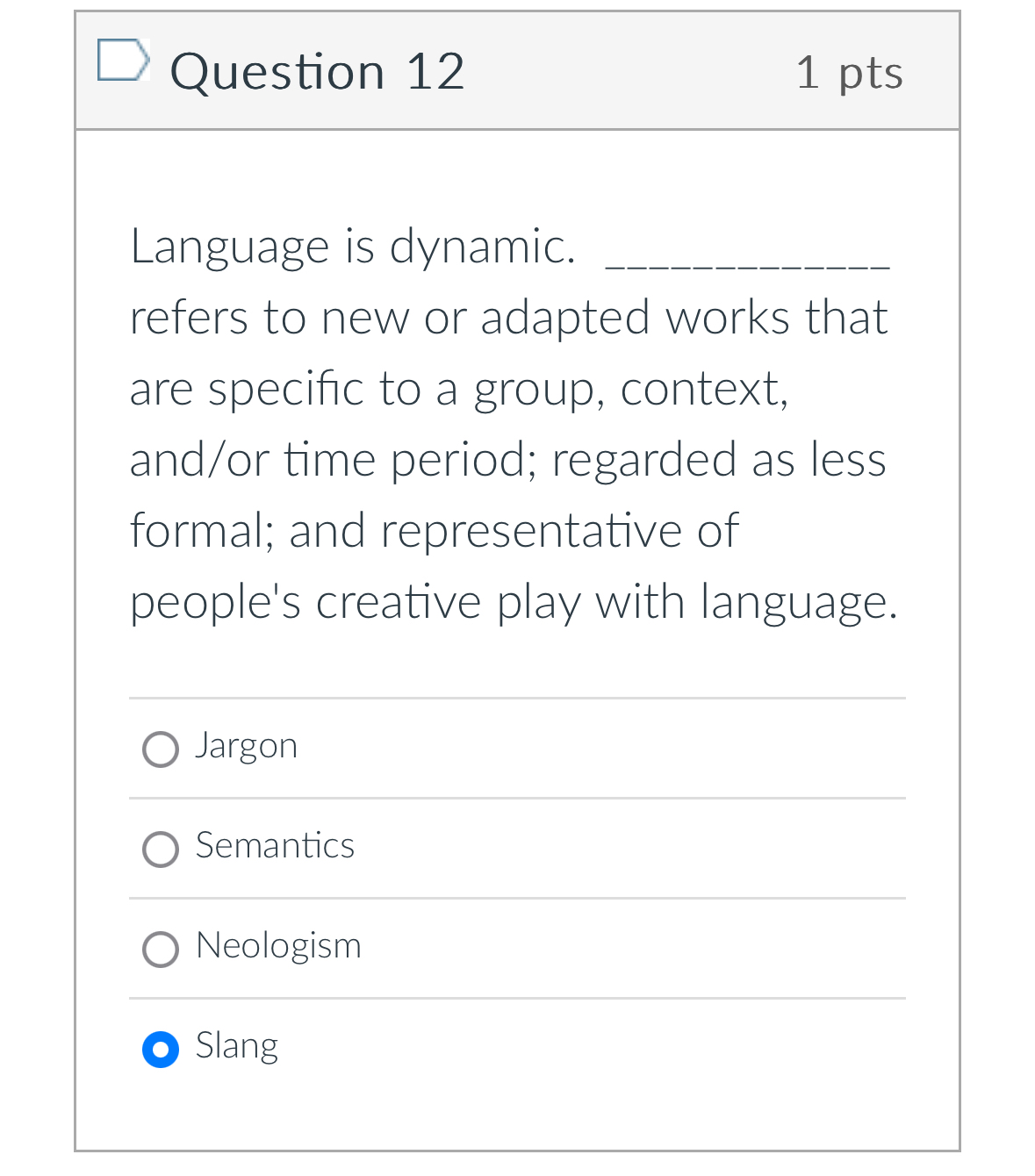 Solved Question 121ptsLanguage is dynamic. refers to new or | Chegg.com
