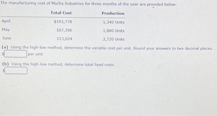 Solved The manufacturing cost of Mocha Industries for three | Chegg.com