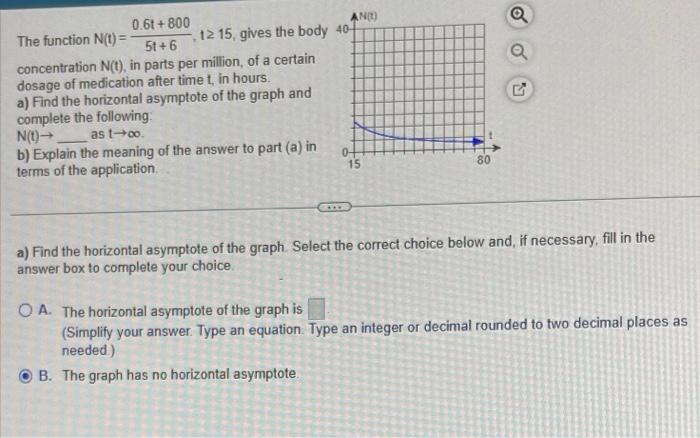 Solved The function N(t)=5t+60.6t+800,t≥15, gives the body | Chegg.com