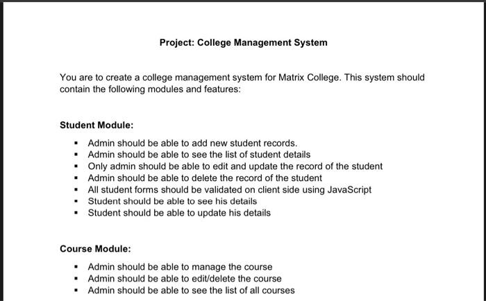 Project: College Management System You are to create | Chegg.com
